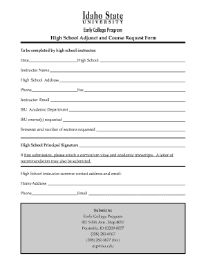 Fillable Online earlycollege isu High School Adjunct and Course Request ...