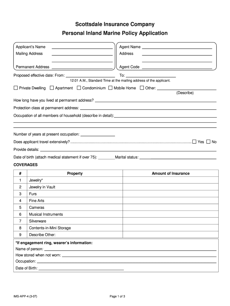 Fillable Online Personal Inland Marine Application - One General Agency ...