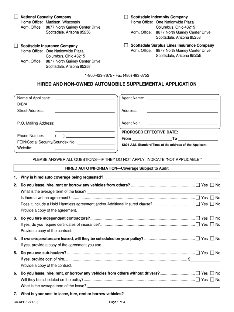 Fillable Online HIRED AND NON-OWNED AUTOMOBILE SUPPLEMENTAL APPLICATION ...