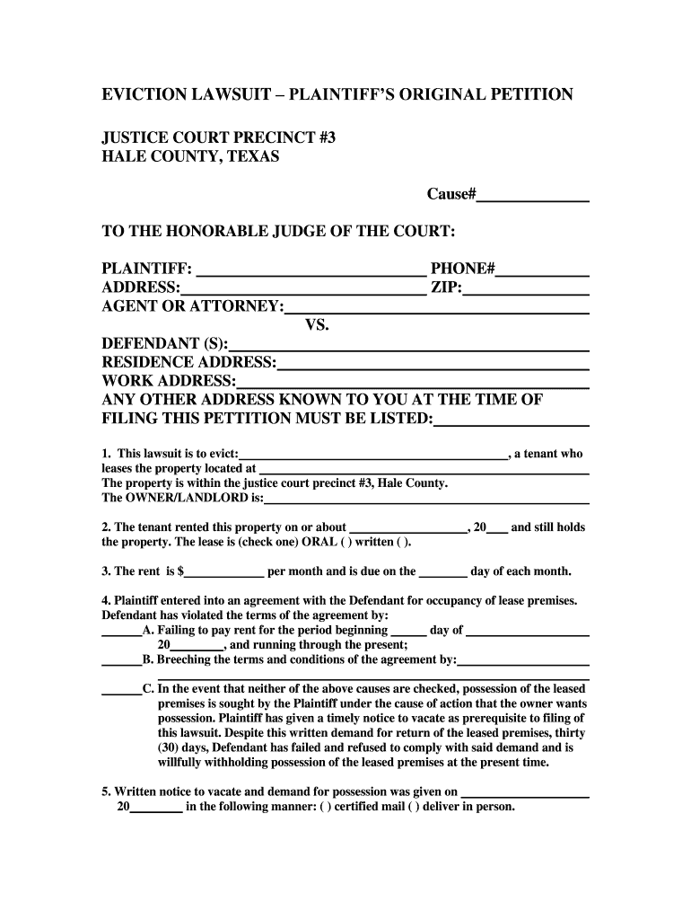Fillable Online EVICTION LAWSUIT PLAINTIFFS ORIGINAL PETITION Fax Email ...