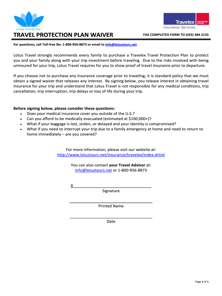 Fillable Online TRAVEL PROTECTION PLAN WAIVER FAX COMPLETED FORM TO ...