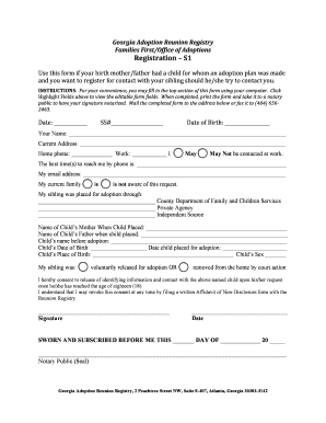 Fillable Online Georgia Adoption Reunion Registry Families First/Office ...