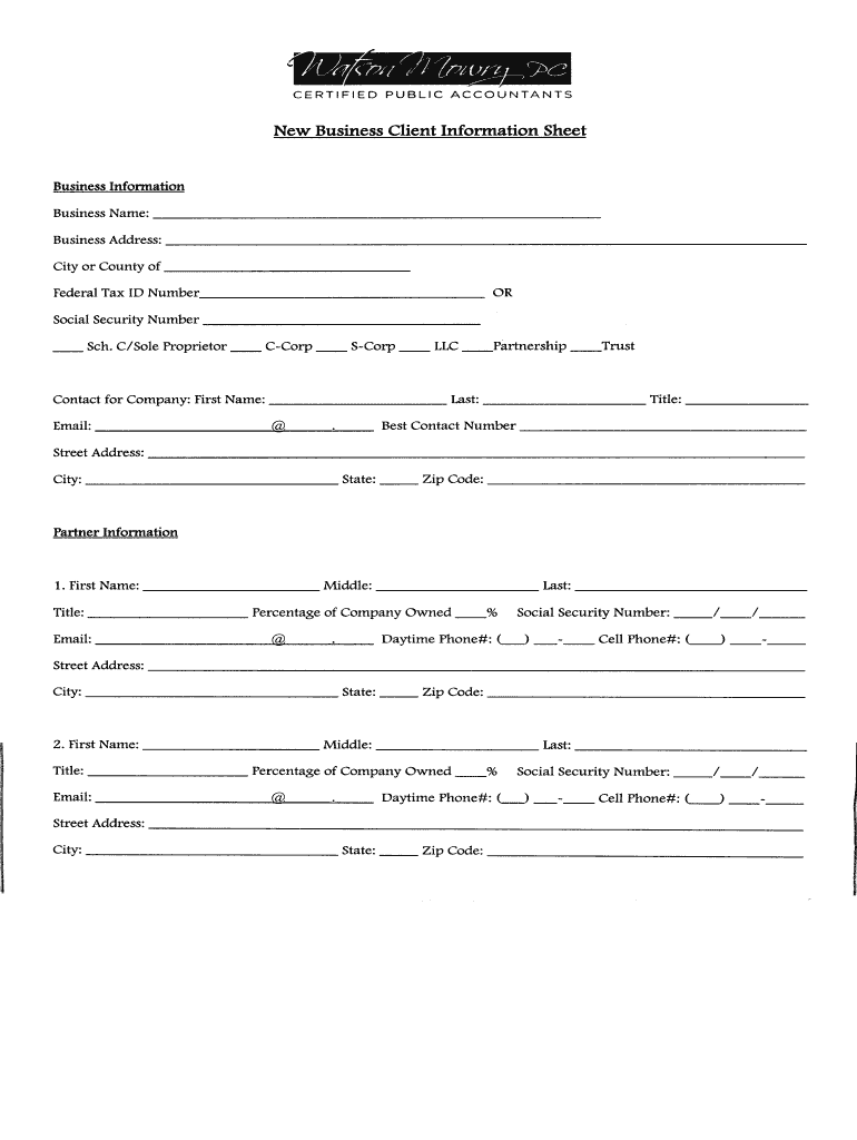 Fillable Online New Business Client Information Sheet - Watson Mowry PC ...