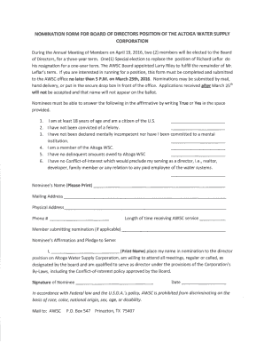 Fillable Online NOMINATION FORM FOR BOARD OF DIRECTORS POSITION OF THE ...