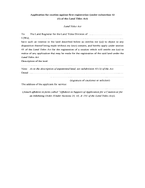 Fillable Online Application for caution against first registration ...