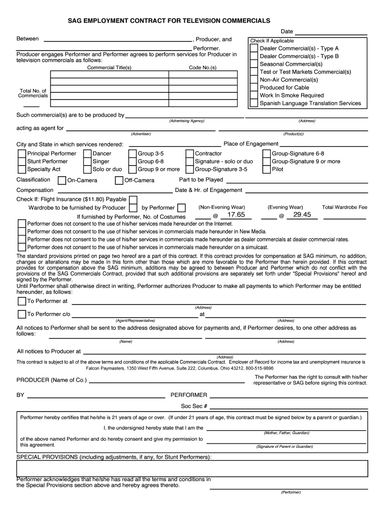 Fillable Online SAG EMPLOYMENT CONTRACT FOR TELEVISION COMMERCIALS Fax Email Print - pdfFiller