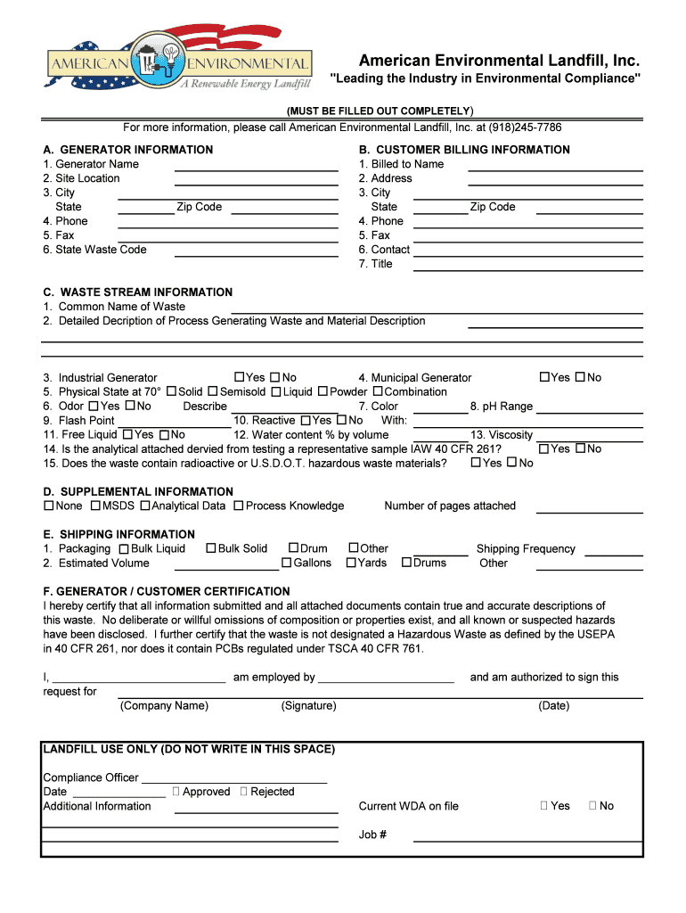 Fillable Online American Environmental Landfill Inc Fax Email Print ...
