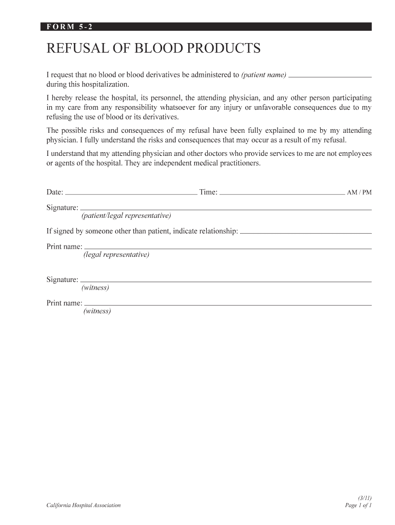 Fillable Online FORM 5-2 REFUSAL OF BLOOD PRODUCTS Fax Email Print ...