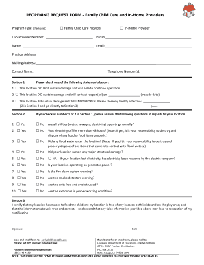 Fillable Online REOPENING REQUEST FORM - Louisiana Believes Fax Email Print - pdfFiller