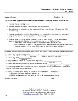 Fillable Online clatsopcc Statement of High School Status 2016-17 Fax ...