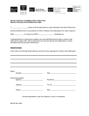 Fillable Online mountsinai REVOCATION OF AUTHORIZATION TO RELEASE PHI ...