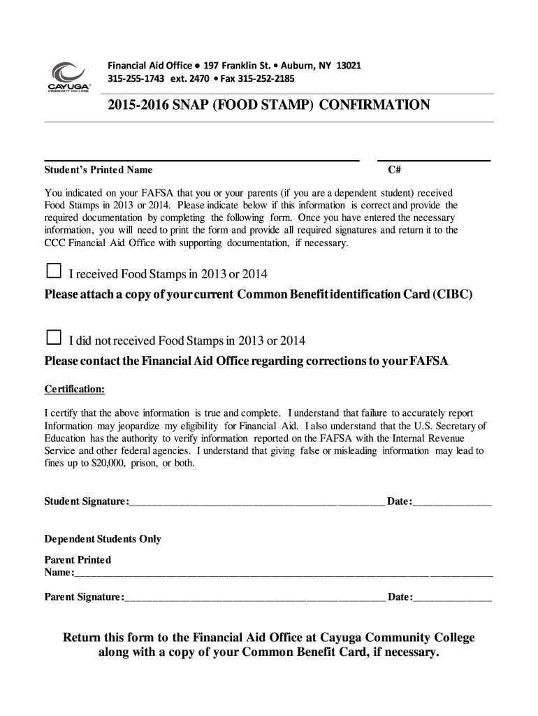 Fillable Online cayuga-cc 2015-2016 SNAP FOOD STAMP CONFIRMATION - cayuga-cc Fax Email Print ...