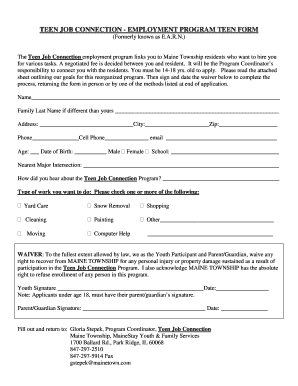 Fillable Online TEEN JOB CONNECTION - EMPLOYMENT PROGRAM TEEN FORM Fax ...