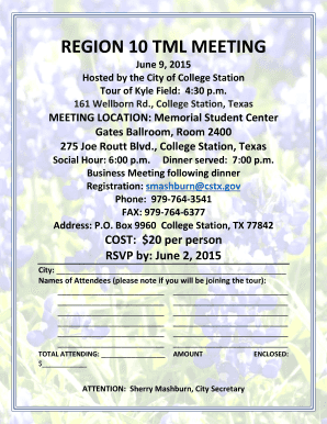 Fillable Online tml REGION 10 TML MEETING - tml Fax Email Print - pdfFiller