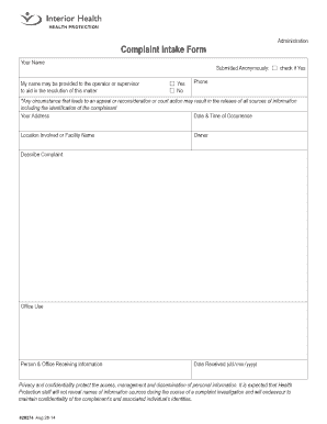 Fillable Online IH Complaint Intake Form - Interior Health Fax Email ...