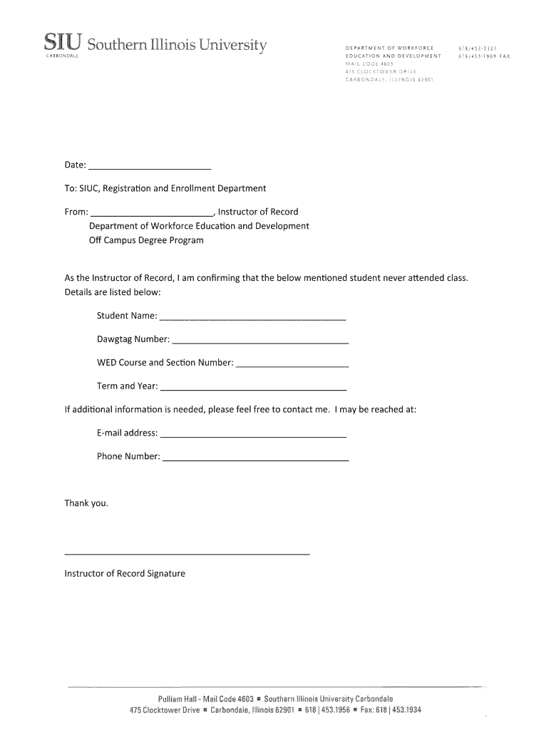 Fillable Online ehs siu Date Department of Workforce Educa O Campus ...