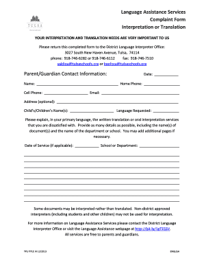 Fillable Online tulsaschools Language Assistance Services Complaint ...