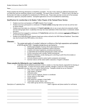 Fillable Online qvsd Student Information Sheet for NHS - qvsd Fax Email ...