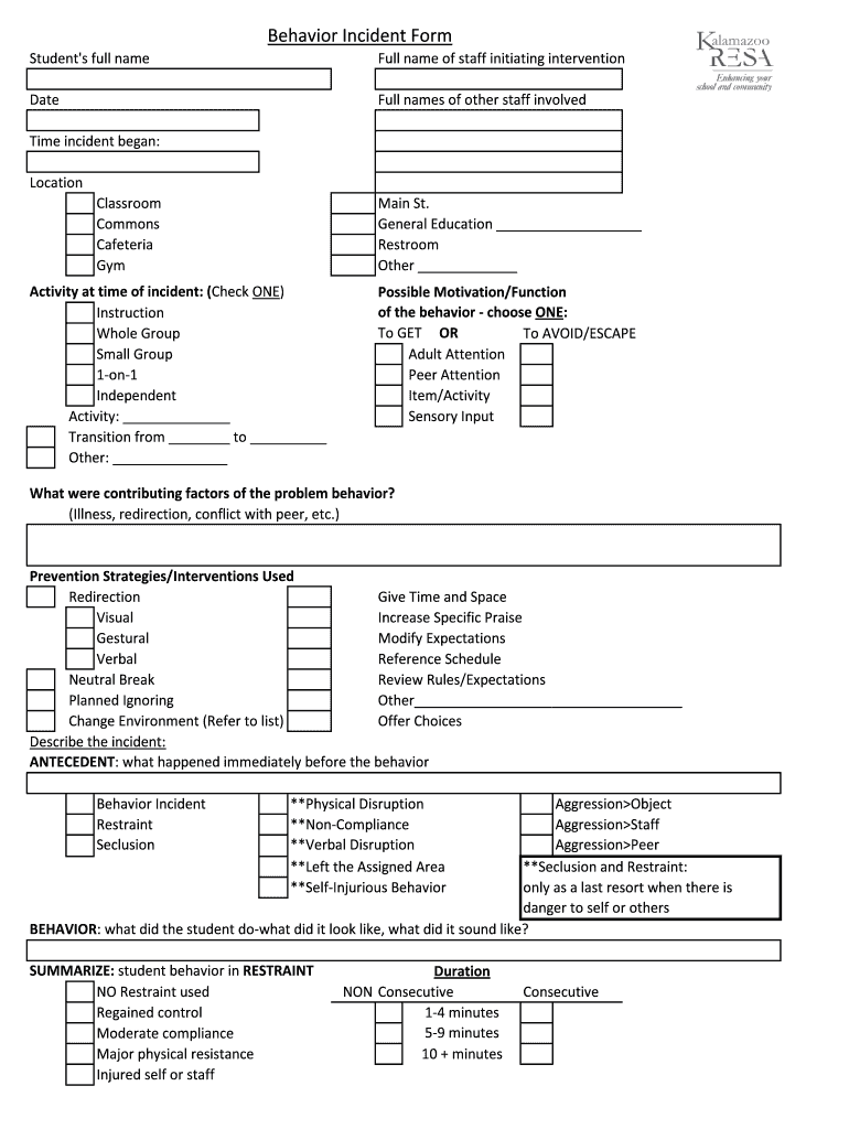 Fillable Online kresa Behavior Incident Form - Kalamazoo RESA Fax Email ...