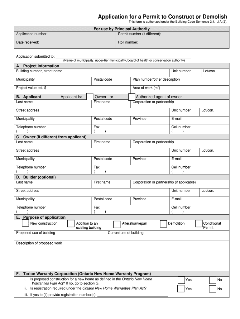 Fillable Online bApplicationb for a bPermitb to bConstruct or Demolishb - Township of b...b Fax ...