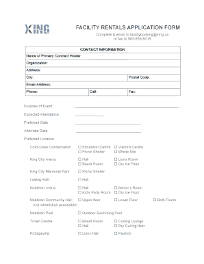 Fillable Online FACILITY RENTALS APPLICATION FORM - King Fax Email ...