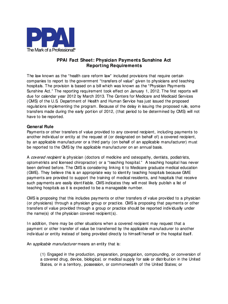 Fillable Online ppai PPAI Fact Sheet Physician Payments Sunshine Act Reporting - ppai Fax Email ...