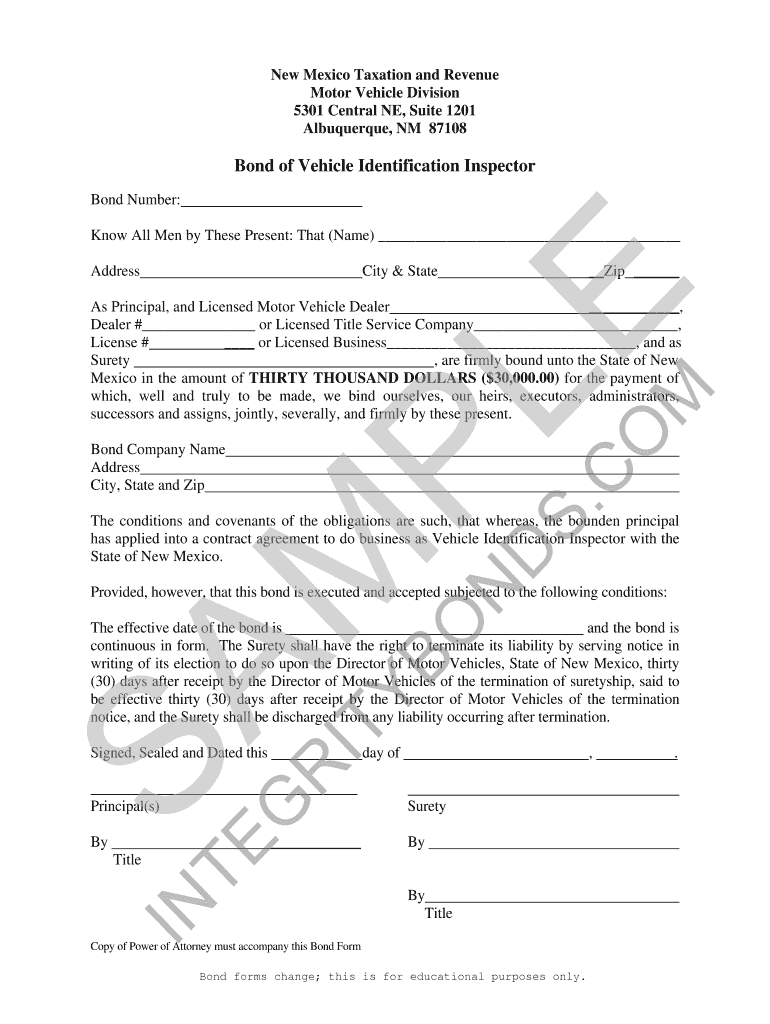 Fillable Online Bond of Vehicle Identification Inspector ...