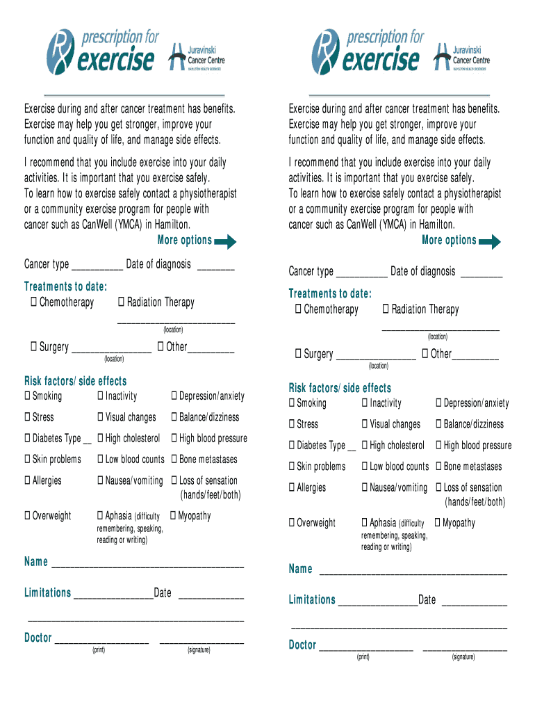 Fillable Online Exercise Prescription Pad for Exercise - Juravinski ...