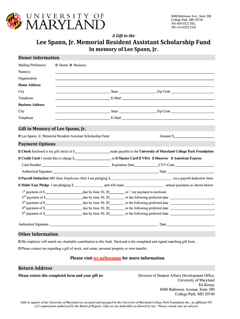 Fillable Online studentaffairsgiving umd A Gift to the Lee Spann Jr ...