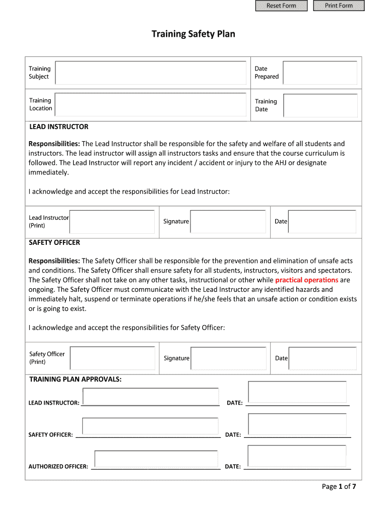 Fillable Online southwestfireacademy Training Safety Plan ...