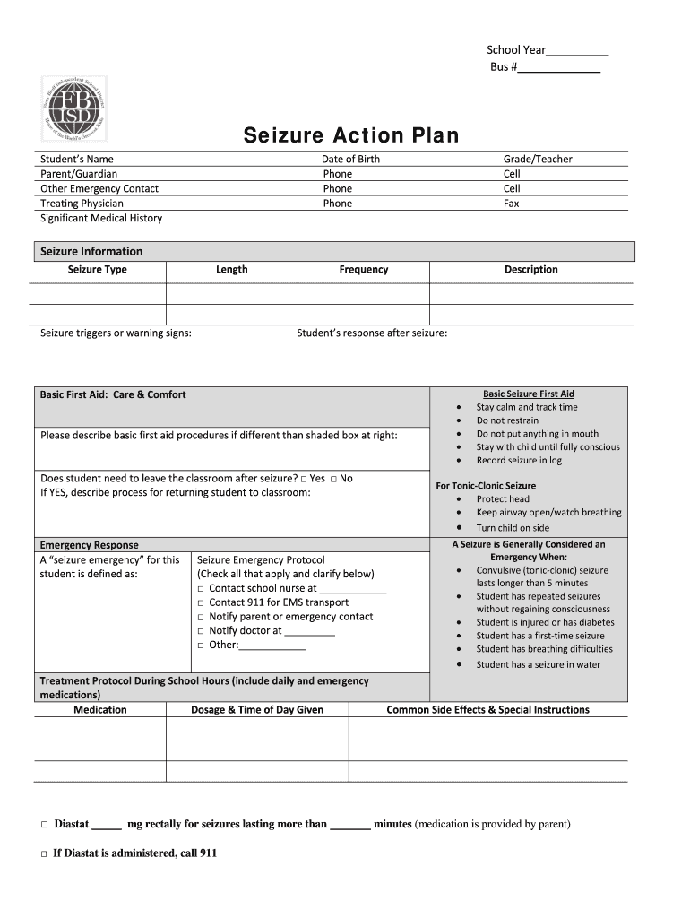 Fillable Online Seizure Action Plan - flourbluffschoolsnet Fax Email ...