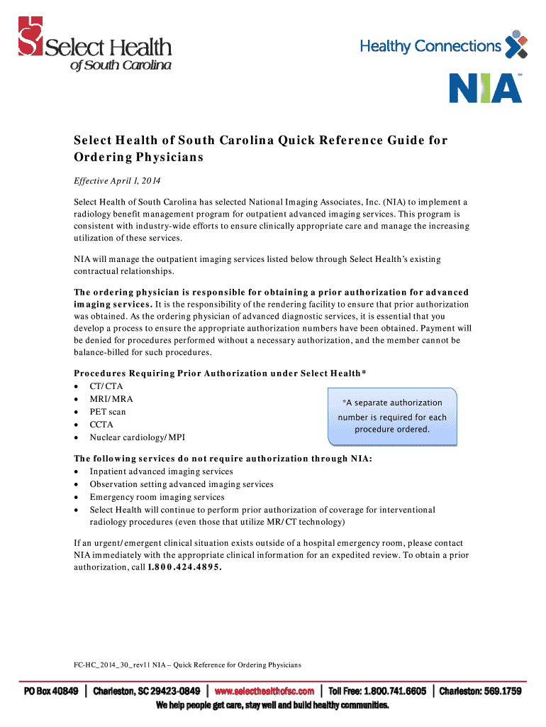 Fillable Online Select Health of South Carolina Quick Reference Guide ...