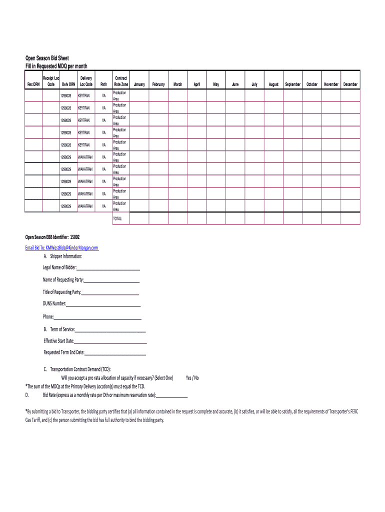 Fillable Online Open Season Bid Sheet Fill in Requested MDQ per month ...