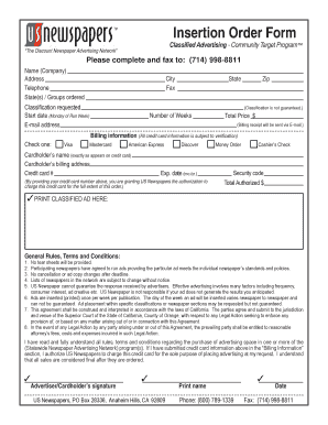 Fillable Online Insertion Order Form - US Newspapers Fax Email Print ...
