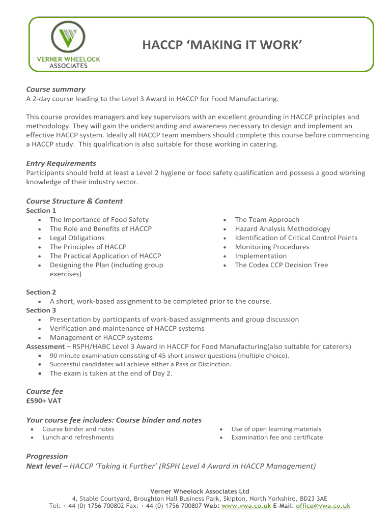 Fillable Online HACCP MAKING IT WORK - HACCP Training Courses Fax Email ...