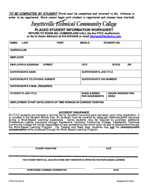 Fillable Online faytechcc PLACED STUDENT INFORMATION WORKSHEET - faytechccedu Fax Email Print ...
