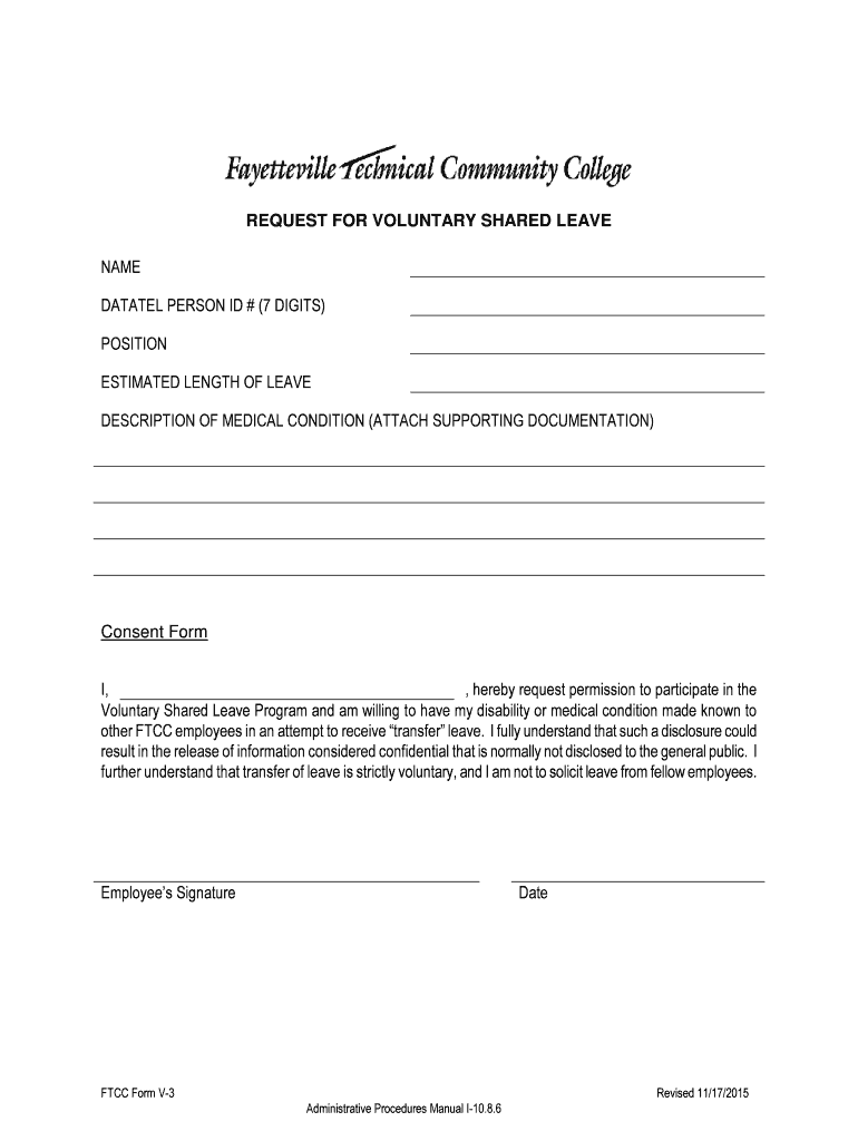 Fillable Online faytechcc REQUEST FOR VOLUNTARY SHARED LEAVE Fax Email ...