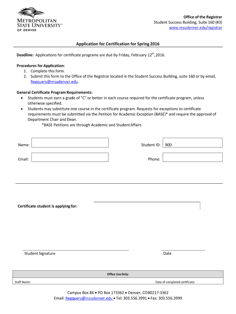 Fillable Online BApplicationb for Certification for Spring b2016b Fax Email Print - pdfFiller