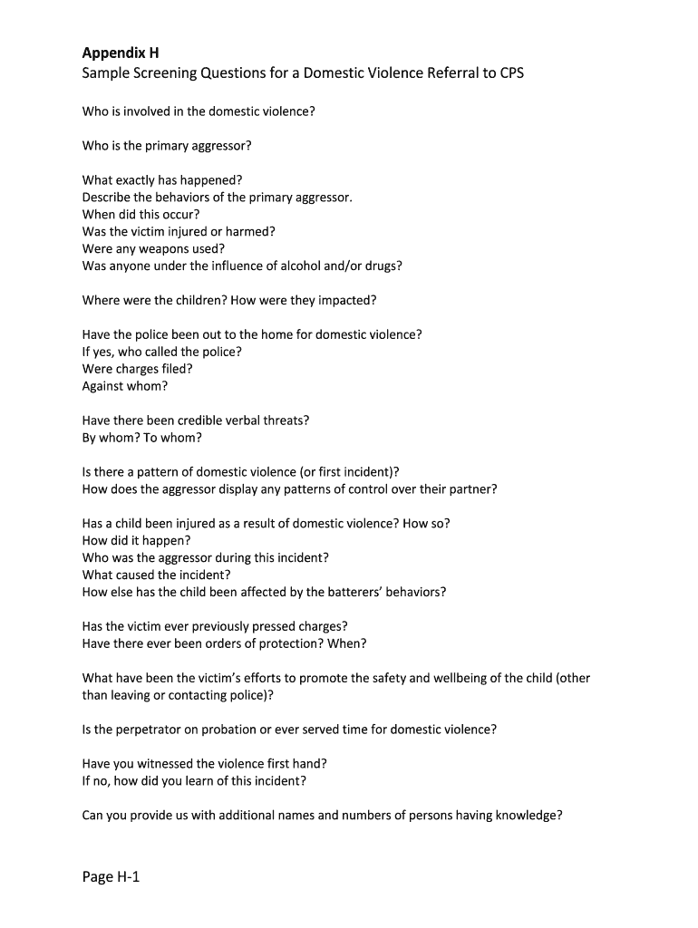 Fillable Online Sample Screening Questions for a Domestic Violence ...