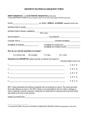 Fillable Online PRINT RESERVES or ELECTRONIC RESERVES (circle one) Fax ...