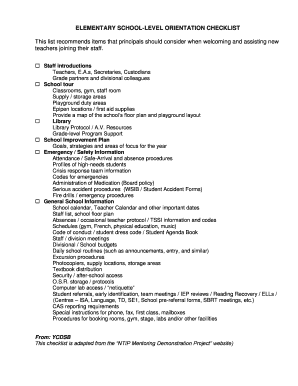Fillable Online ELEMENTARY SCHOOL-LEVEL ORIENTATION CHECKLIST Fax Email ...