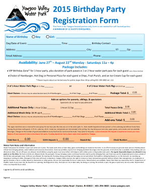 Fillable Online 2015 Birthday Party Registration Form - Yawgoo Valley ...
