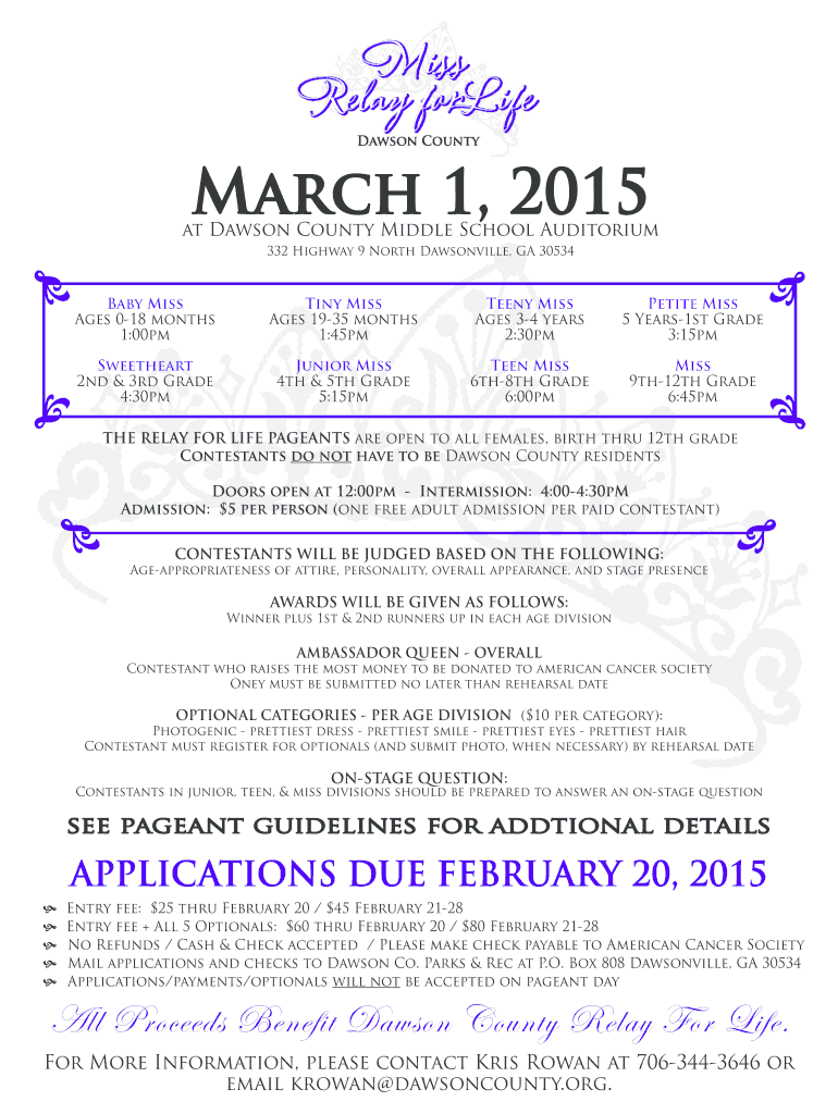 Fillable Online dawsoncounty 2015 BEAUTY PAGEANT APPLICATION - Dawson ...