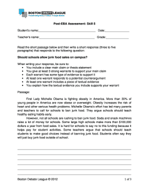Fillable Online PostEBA Assessment: Skill 5 Students name: Date: Teachers name: Grade: Read the ...