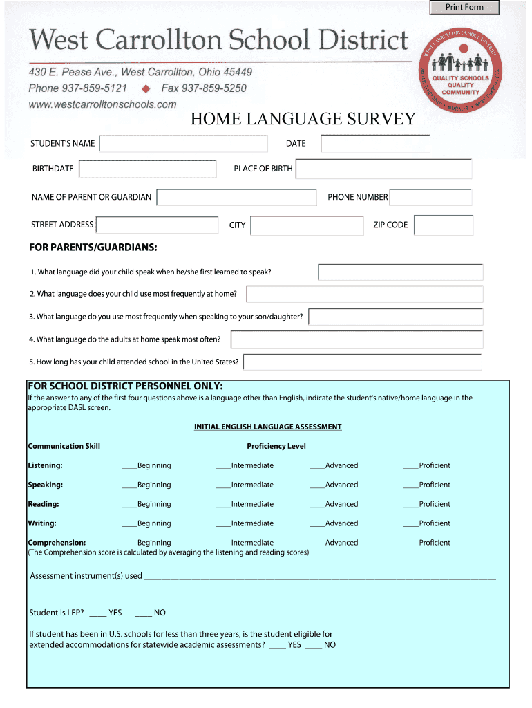 Fillable Online HOME LANGUAGE SURVEY - West Carrollton High School Fax ...