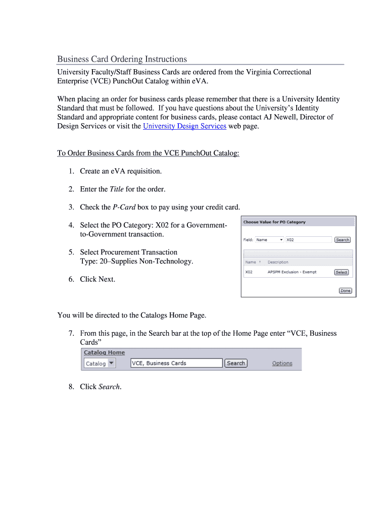 Fillable Online adminfinance umw Business Card Ordering Instructions ...