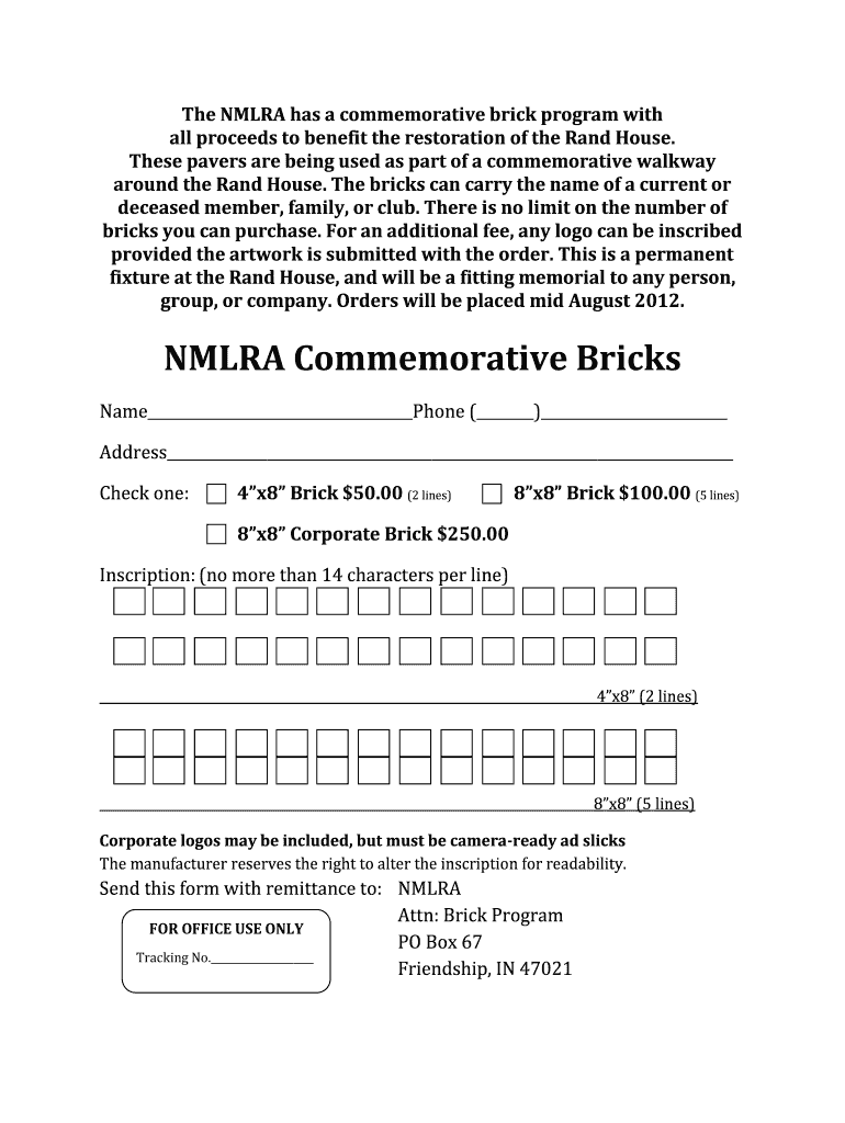 Fillable Online nmlra NMLRA Commemorative Bricks Fax Email Print ...