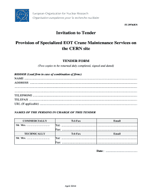 Fillable Online Services Tender Form Template. Tender Form Services Fax ...