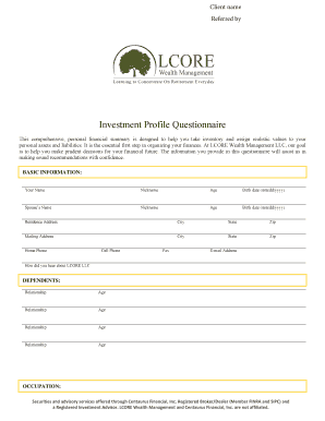 Fillable Online Investment Profile Questionnaire ...