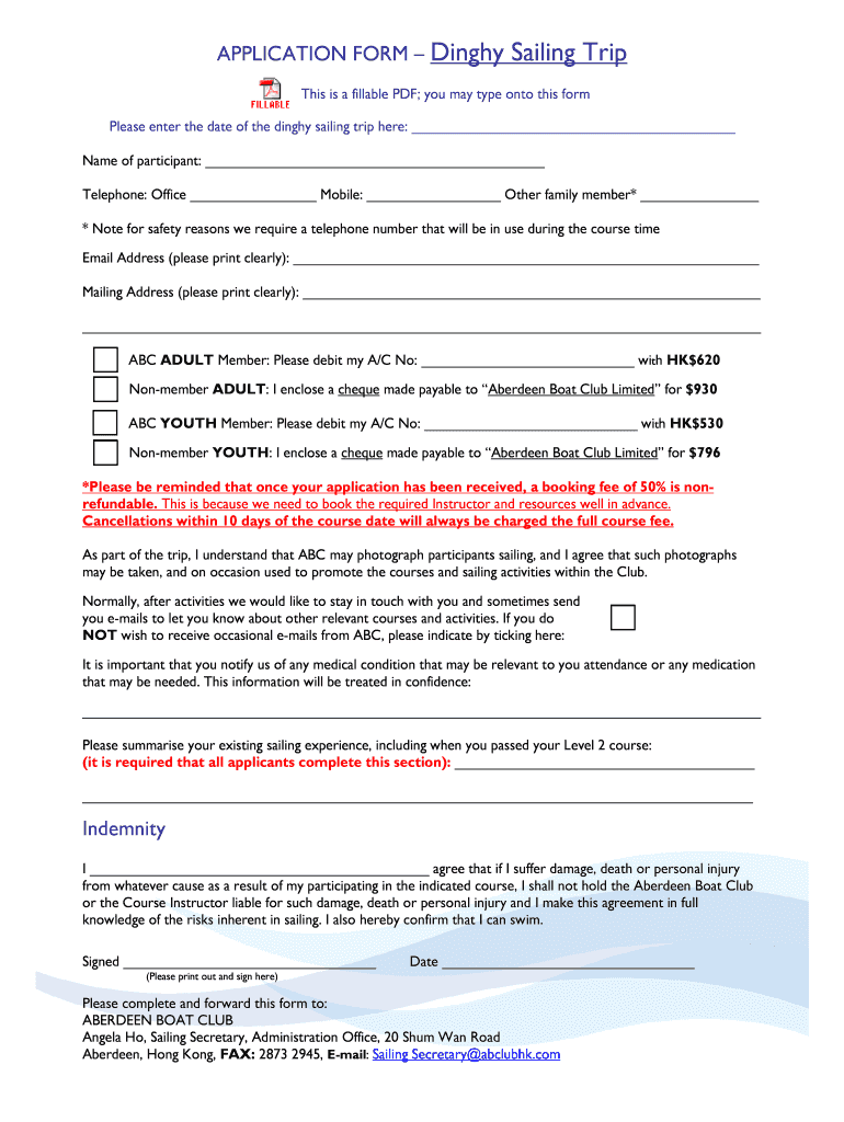 Fillable Online 2015 Dinghy Sailing Trip Appliclation Form Fax Email ...